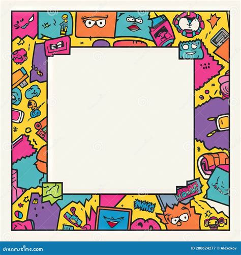Sleek Cartoon Ui Design With Thin Square Frame Border On Plain