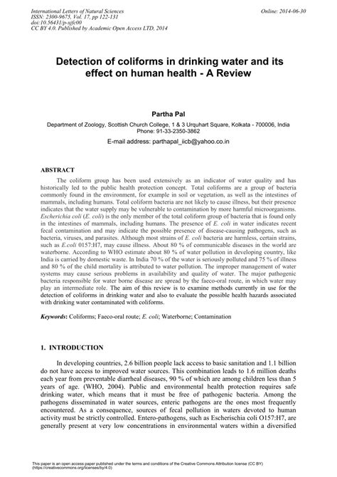 Pdf Detection Of Coliforms In Drinking Water And Its Effect On Human Health A Review