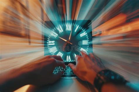 a persons hands are typing on a laptop and a clock face is displayed
