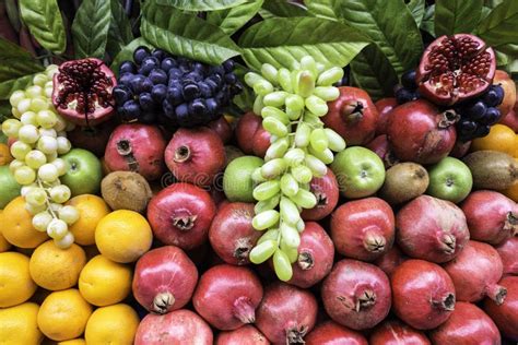 Many Kind Of Different Fruits On A Showcase Closeup View Stock Image Image Of Exotic