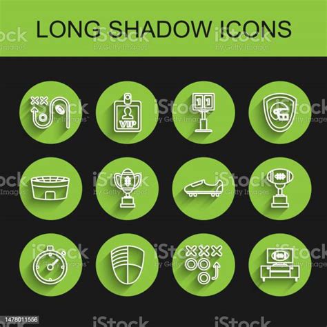 세트 라인 스톱워치 축구 클럽 로고 템플릿 계획 전략 개념 미식 축구 Tv 프로그램 및 스탠드 수상 컵 스파이크 아이콘이 있는 축구 또는 신발 벡터 1위에 대한 스톡 벡터