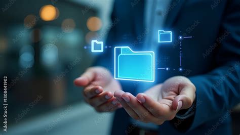 Flat Hands Dragging And Dropping Virtual Folders To Depict Holographic