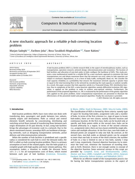 Pdf A New Stochastic Approach For A Reliable P Hub Covering Location Problem