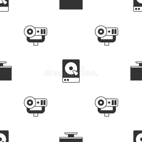 Set Computer Monitor Screen Hard Disk Drive HDD And Web Camera On Seamless Pattern Vector