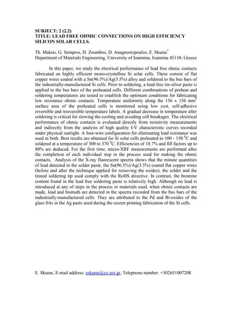Lead Free Ohmic Contacts On High Efficiency Silicon Solar Cells Pdf
