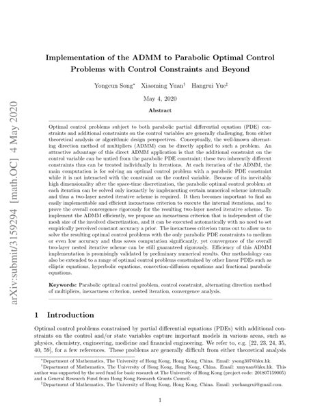 Pdf Implementation Of The Admm To Parabolic Optimal Control Problems With Control Constraints