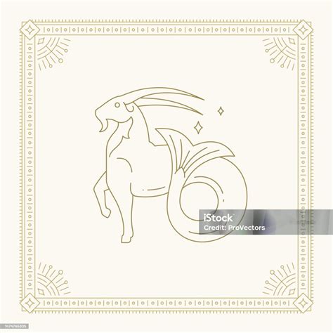 염소 자리 조디악 신화 염소 반 물고기 라인 아트 데코 점성술 기호 빈티지 카드 디자인 벡터 0명에 대한 스톡 벡터 아트 및