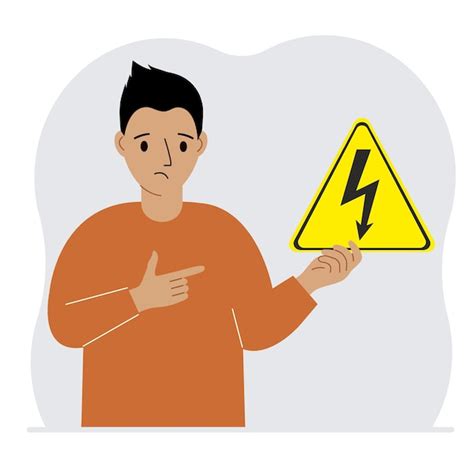 Premium Vector A Man Holds A Yellow Triangular Warning Sign With A