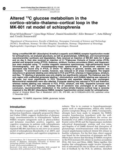 Pdf Altered 13 C Glucose Metabolism In The Cortico—striato—thalamo—cortical Loop In The Mk 801