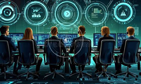 Team Of Professionals Analyzing Data On Multiple Screens In A High Tech Control Room With