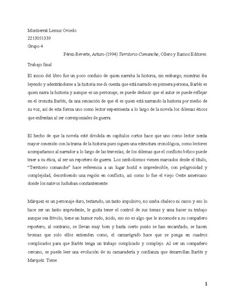 Ensayo Del Libro De 3 Cuartillas Territorio Comanche Montserrat Lemus Oviedo 2213051339 Grupo