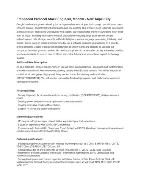 Embedded Protocol Stack Engineer Modem New Taipei City Pdf