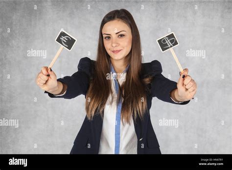 Business Woman Shows Currency Symbols Stock Photo Alamy