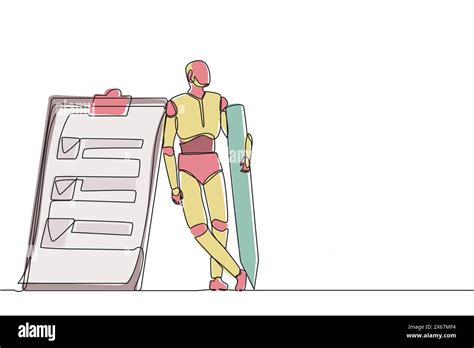 Single Continuous Line Drawing Robots Holding Big Pencil And Lean On Clipboard Modern Robotics