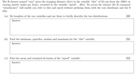 Solved The R Dataset Named Cars Gives The Stopping Chegg
