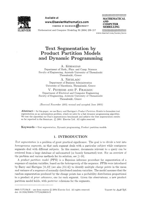 Pdf Text Segmentation By Product Partition Models And Dynamic Programming