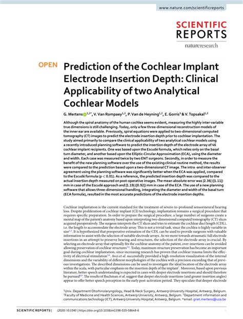 Pdf Prediction Of The Cochlear Implant Electrode Insertion Depth Clinical Applicability Of