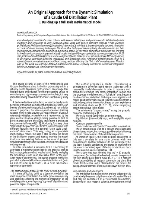 Pdf An Original Approach For The Dynamic Simulation Of A Crude Oil Distillation Plant I