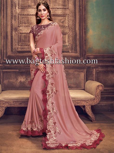 Modern Coral Silk Georgette Wedding Saree Online Bagtesh Fashion