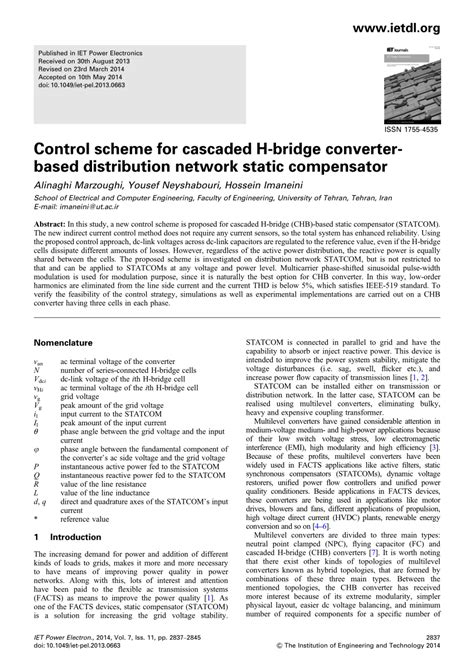 Pdf Control Scheme For Cascaded H Bridge Converter Based Distribution Network Static Compensator
