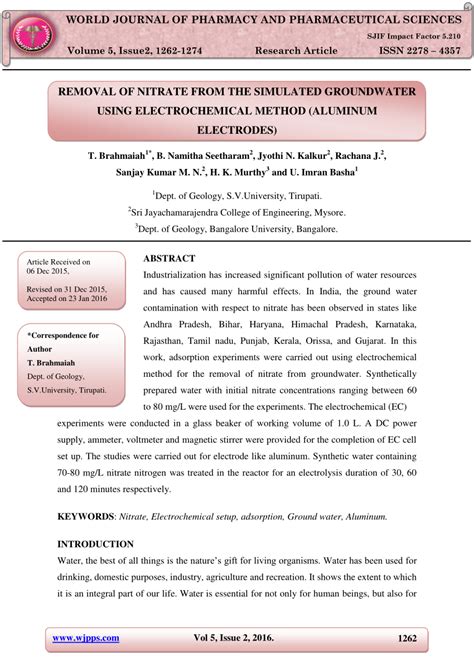 Pdf Removal Of Nitrate From The Simulated Groundwater Using Electrochemical Method Aluminum