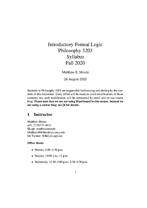 Formal Logic Syllabus Introductory Formal Logic Philosophy 3203 Syllabus Fall 2020 Matthew E