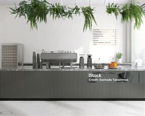 미니멀하고 고급스러운 디자인 카페 에스프레소 머신이 있는 회색 목재 패널 카운터 전면 케이크 디스플레이 커피 그라인더 컵 흰 벽에 햇빛을 받으며 천장에 매달려 있는 고사리의