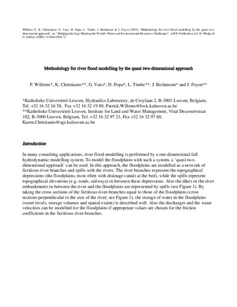 Pdf Methodology For River Flood Modelling By The Quasi Two Dimensional Approach