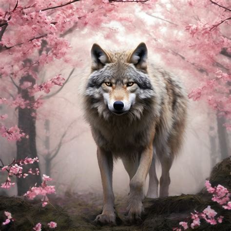 A Wolf Is Stalking In The Sakura Forest — Image Created In Shedevrum