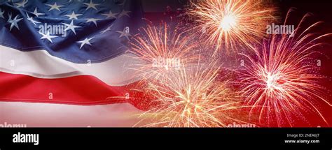 American Flag And Fireworks Banner Design Independence Day Of Usa
