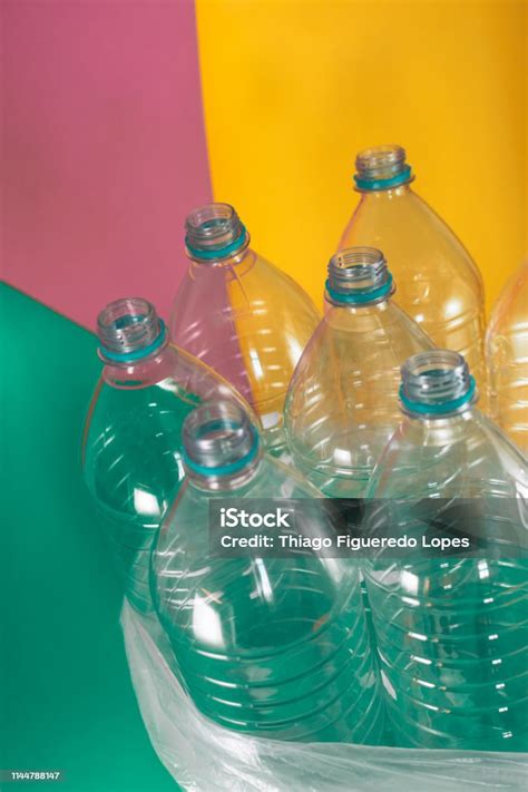 바다 녹색 부드러운 분홍색과 노란색 배경의 컬러 파스텔 톤에 비닐 봉지에 모자 파란색 물개가 없는 7 개의 비어 있고 재활용 가능한 플라스틱 물병 팩 재사용 친환경 환경