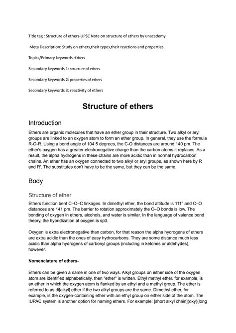 SOLUTION Structure Of Ethers Studypool