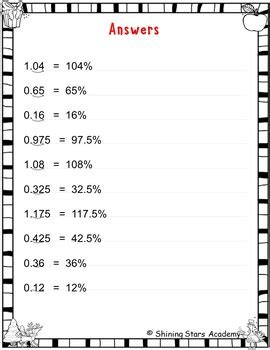 Conversion Of Decimal Numbers To Percent Worksheet Math Problems