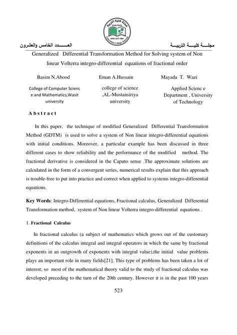 Pdf Generalized Differential Transformation Method For Solving System Of Non Linear Volterra