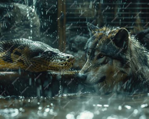 Premium Photo Majestic Wolf Facing A Massive Python In A Rainy Enclosure Natures Raw Power In