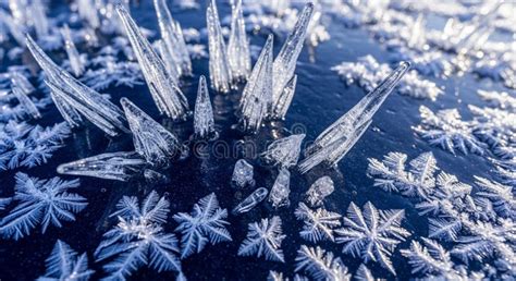 Sharp Translucent Ice Crystals And Star Shaped Snowflakes Form Stock