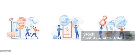온라인 캐쉬백 또는 돈 환불 개념 온라인 뱅킹 돈 절약 바우처 및 할인 받기 보상 프로그램 플랫 벡터 현대 일러스트레이션 설정 개념에 대한 스톡 벡터 아트 및 기타 이미지