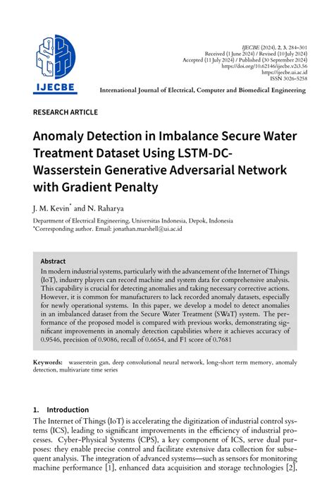 Pdf Anomaly Detection In Imbalance Secure Water Treatment Dataset Using Lstm Dc Wasserstein