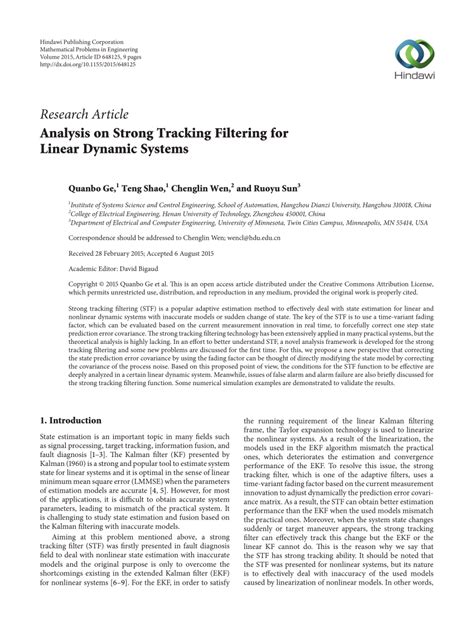 Pdf Analysis On Strong Tracking Filtering For Linear Dynamic Systems