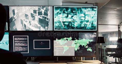 Person Computer And Screen With Satellite Security Of Global Surveillance Coding And Monitor
