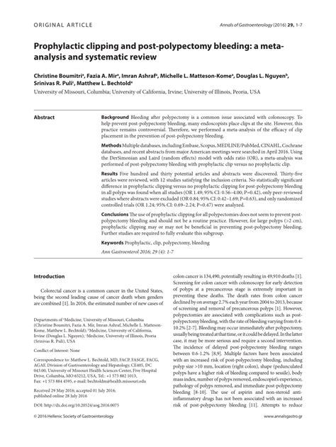 Pdf Prophylactic Clipping And Post Polypectomy Bleeding A Metaanalysis And Systematic Review