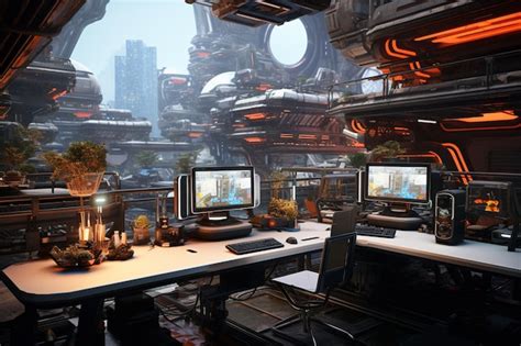 Premium Ai Image Futuristic Computer Gaming Setup Pc High