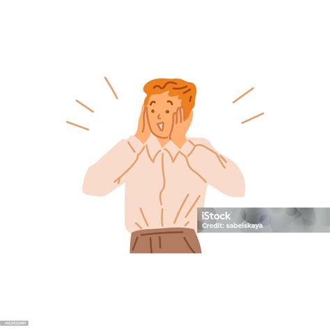 행복하게 놀란 남자 흰색 배경에 격리된 평면 벡터 삽화 흥분된 감정을 표현하는 남성 캐릭터 충격 놀라움 및 놀라움의 개념 Omg