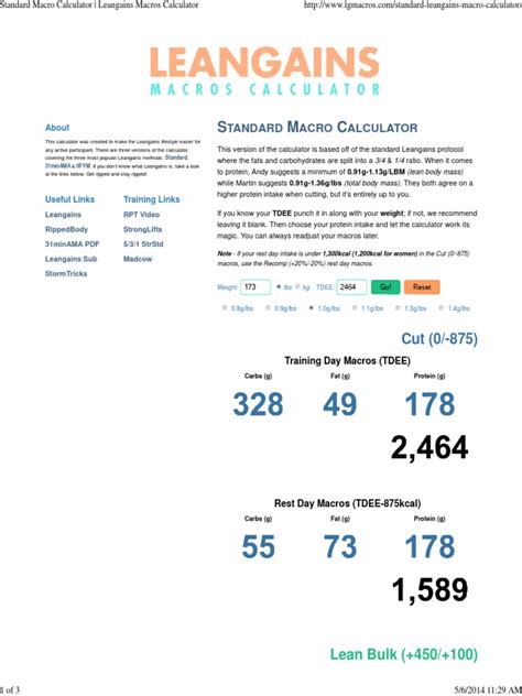 Standard Macro Calculator - Leangains Macros Calculator | PDF | Wellness | Lifestyle