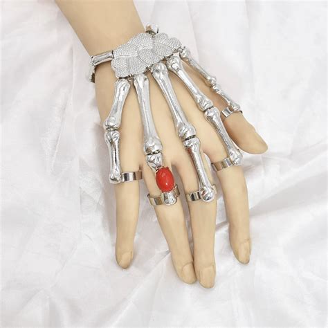 스팀 펑크 해골 손 팔찌 여성 펑크 조절 할로윈 레드 스톤 해골 손가락 팔찌 팔찌 파티 쥬얼리 선물 Aliexpress