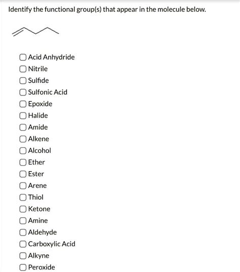 SOLVED: Identify the functional group(s) that appear in the molecule below: Acid Anhydride ...