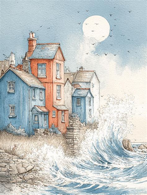 Coastal Moonlight Ocean Waves Seaside Houses Stormy Seas Beach