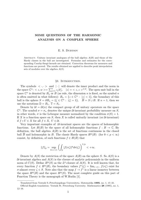 PDF Some Problems Of Harmonic Analysis On A Complex Sphere