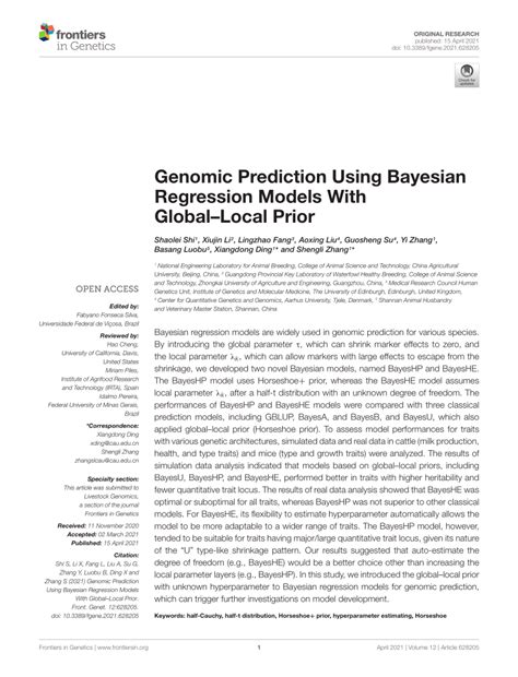 Pdf Genomic Prediction Using Bayesian Regression Models With Globallocal Prior