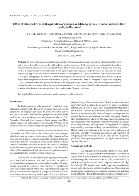 Pdf Effect Of Nitrogen Levels Split Application Of Nitrogen And Detopping On Seed Cotton